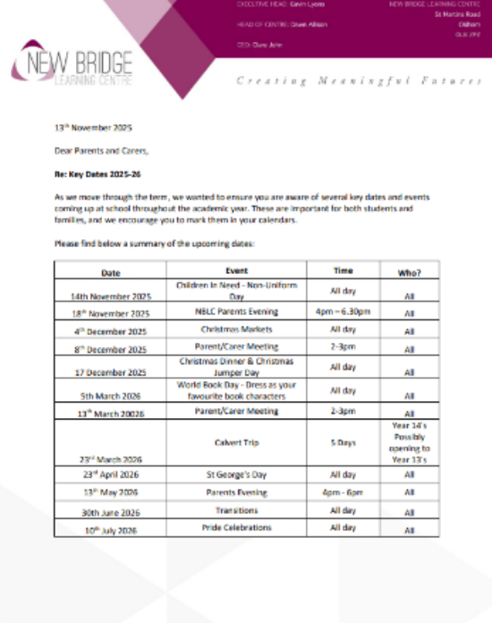 New Bridge School - New Bridge Learning Centre Key Dates 20252026