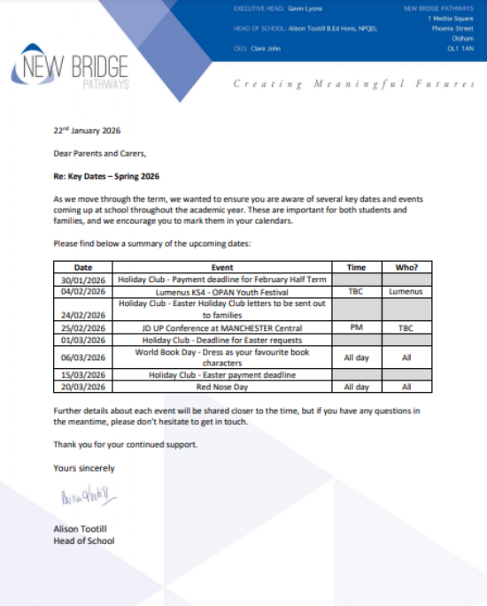 New Bridge School - New Bridge Pathways Key Dates Spring 2026